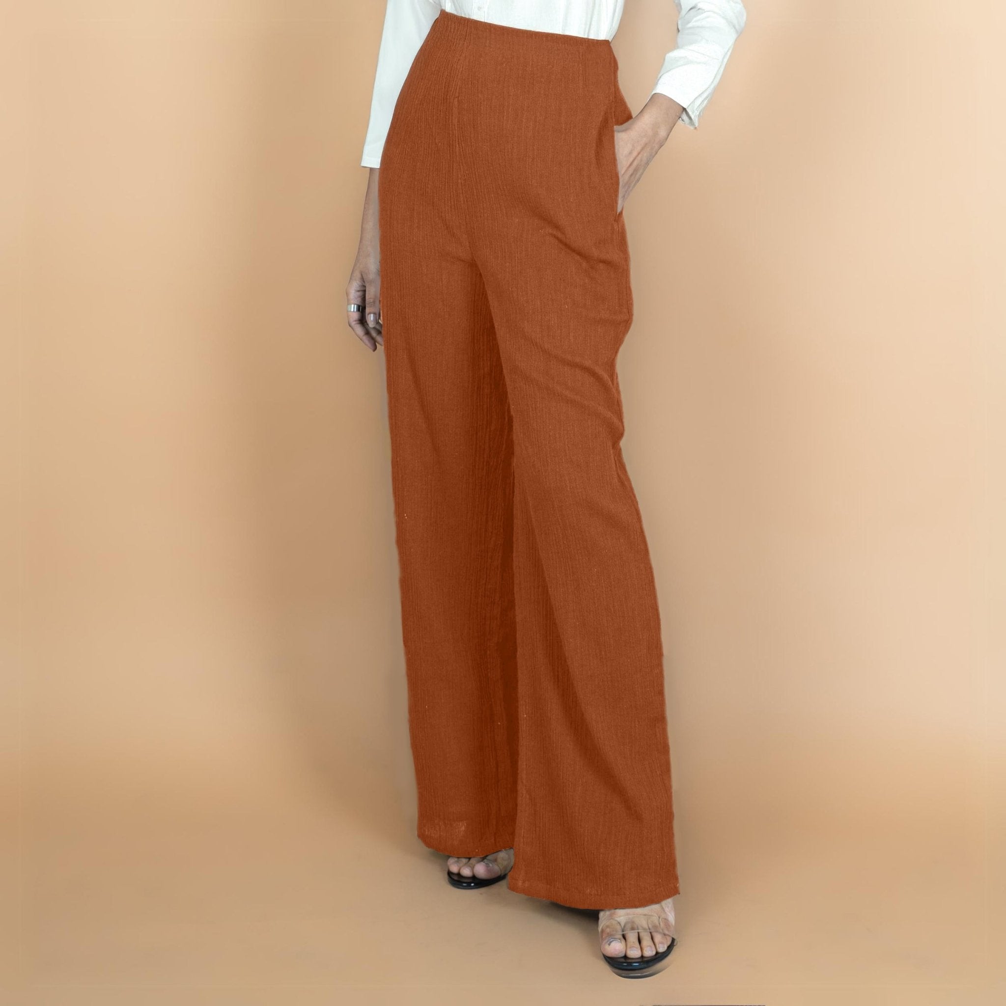 Buy Rust Crinkled Cotton Flax High-Rise Flared Pant Online at SeamsFriendly