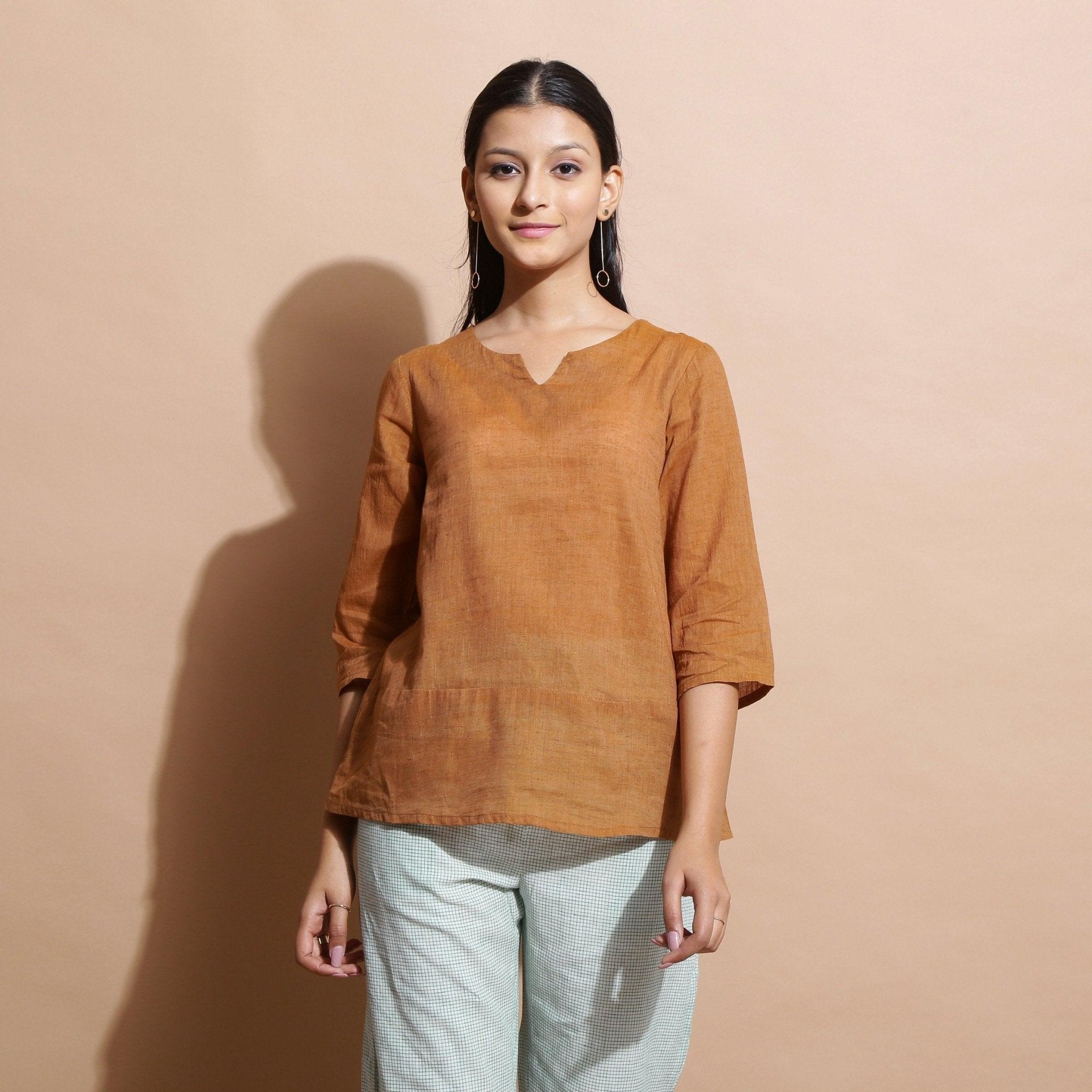 Buy Rust Handspun Cotton Muslin Split Neck Tunic Top Online at ...