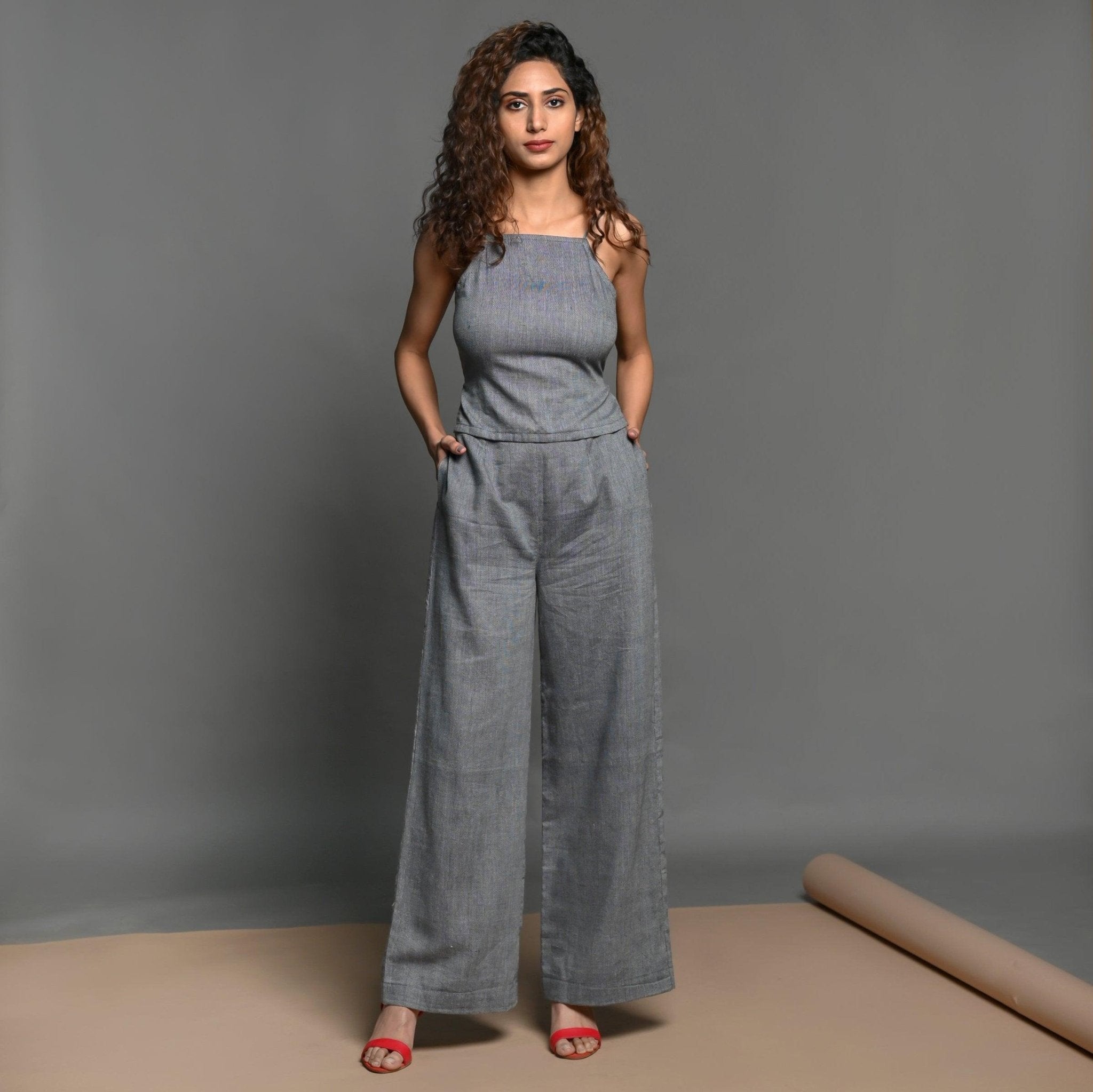 Buy Slate Grey Cotton Backless Camisole Top and Wide Legged Pant Co-ord ...