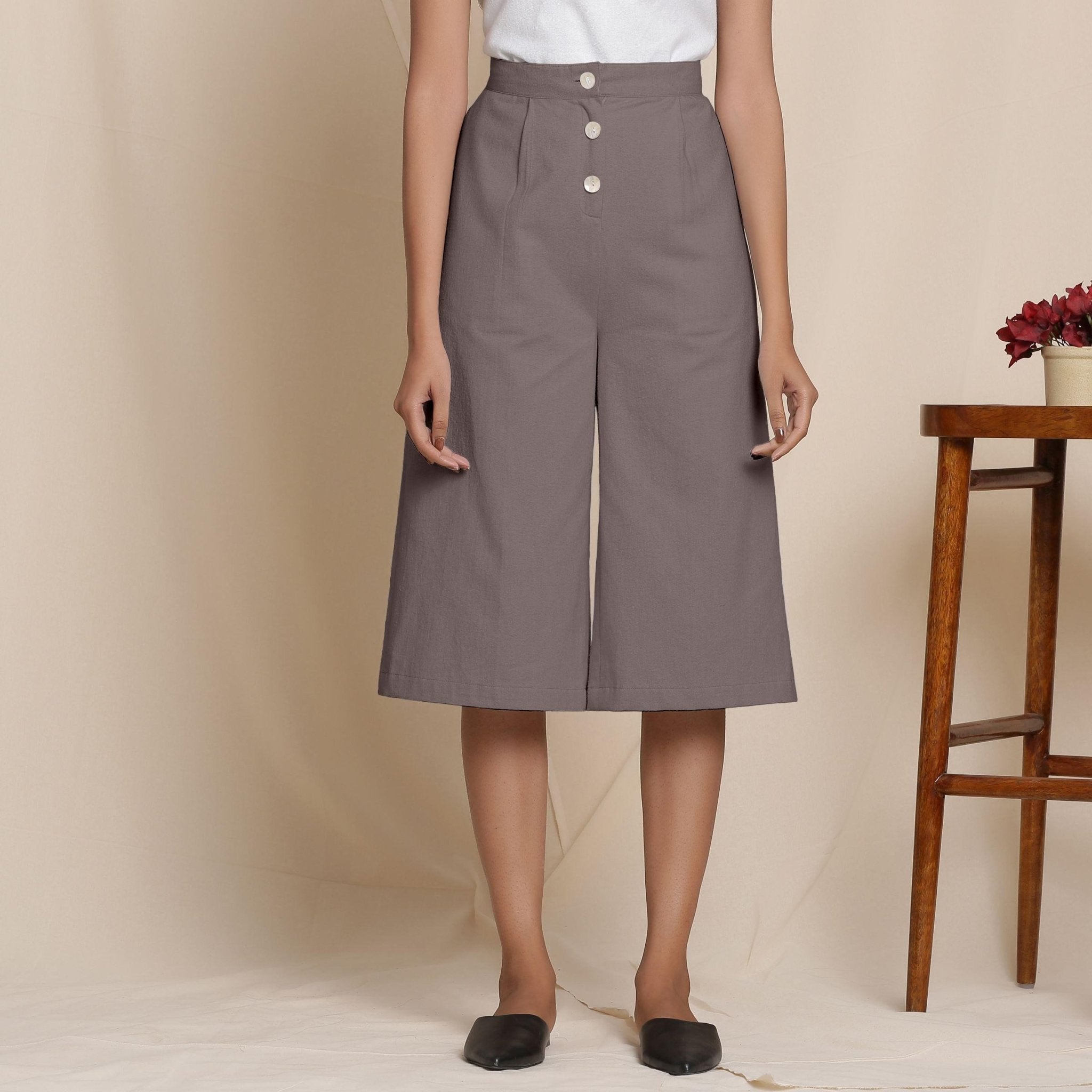 Buy Solid Ash Grey Warm Cotton Flannel High-Rise Culottes Online at ...