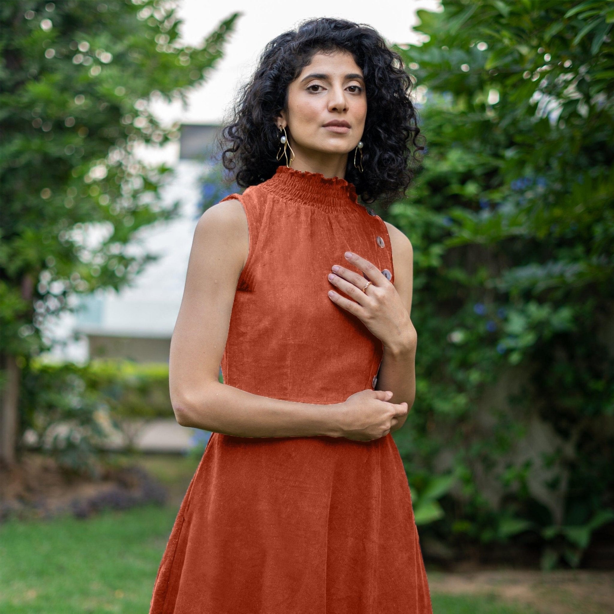 Buy Sunset Rust Warm Cotton Corduroy High-Neck Sleeveless Slit Dress Online at SeamsFriendly