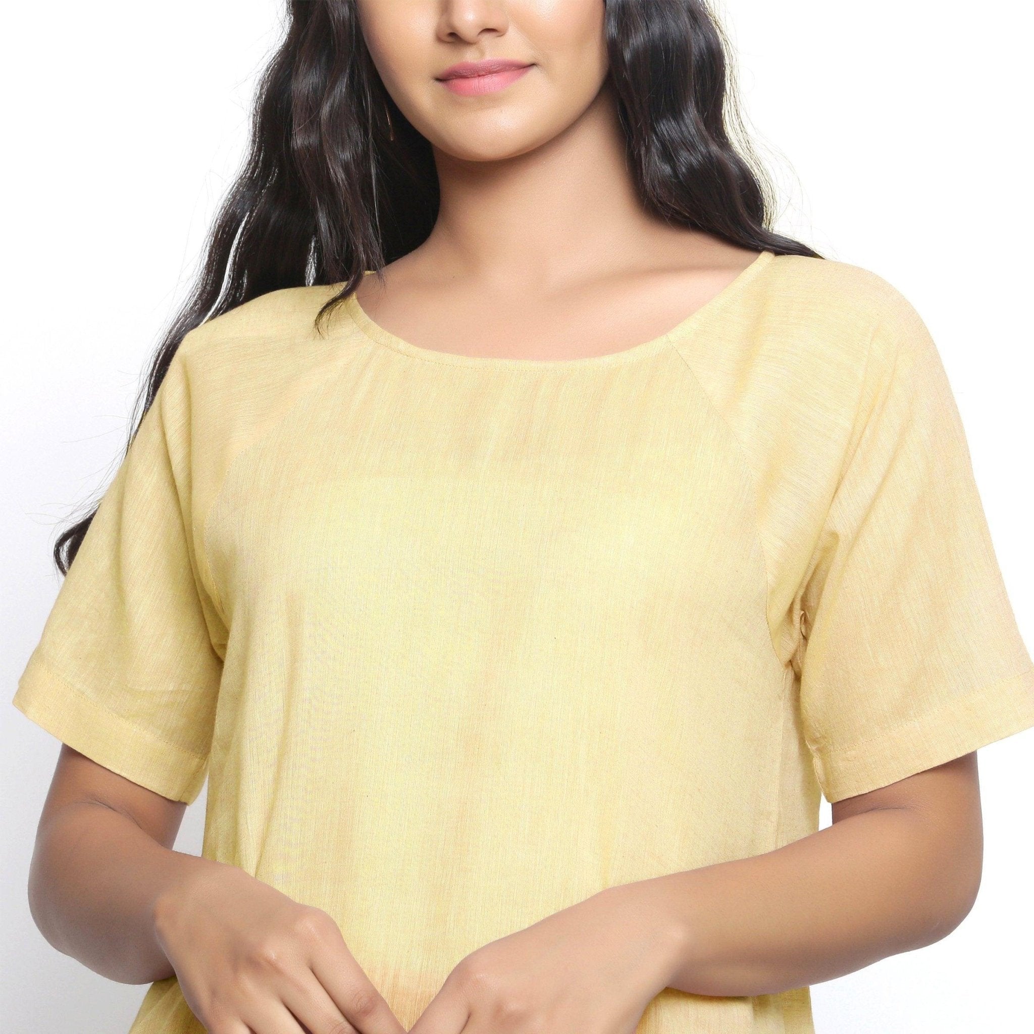 Buy Yarn Dyed Handspun Cotton Light Yellow Raglan Sleeves Top Online at ...