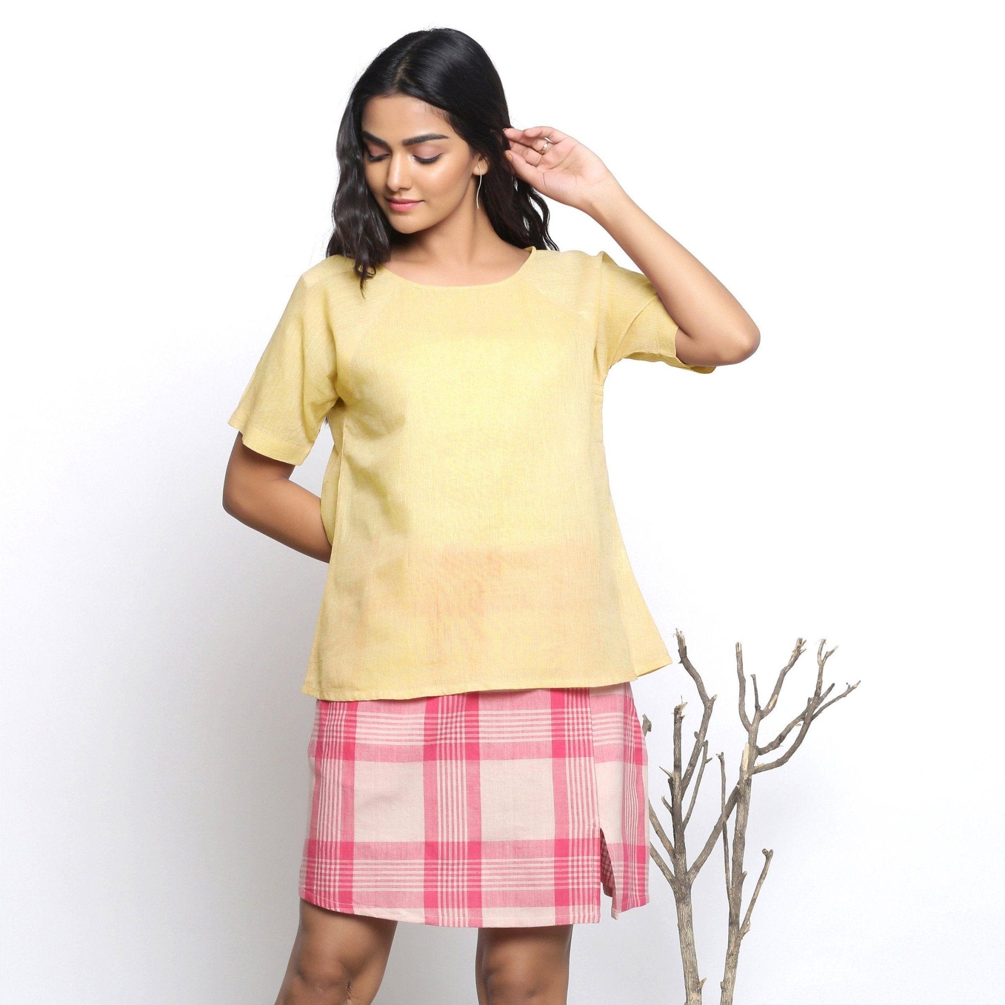 Buy Yarn Dyed Handspun Cotton Light Yellow Raglan Sleeves Top Online at ...