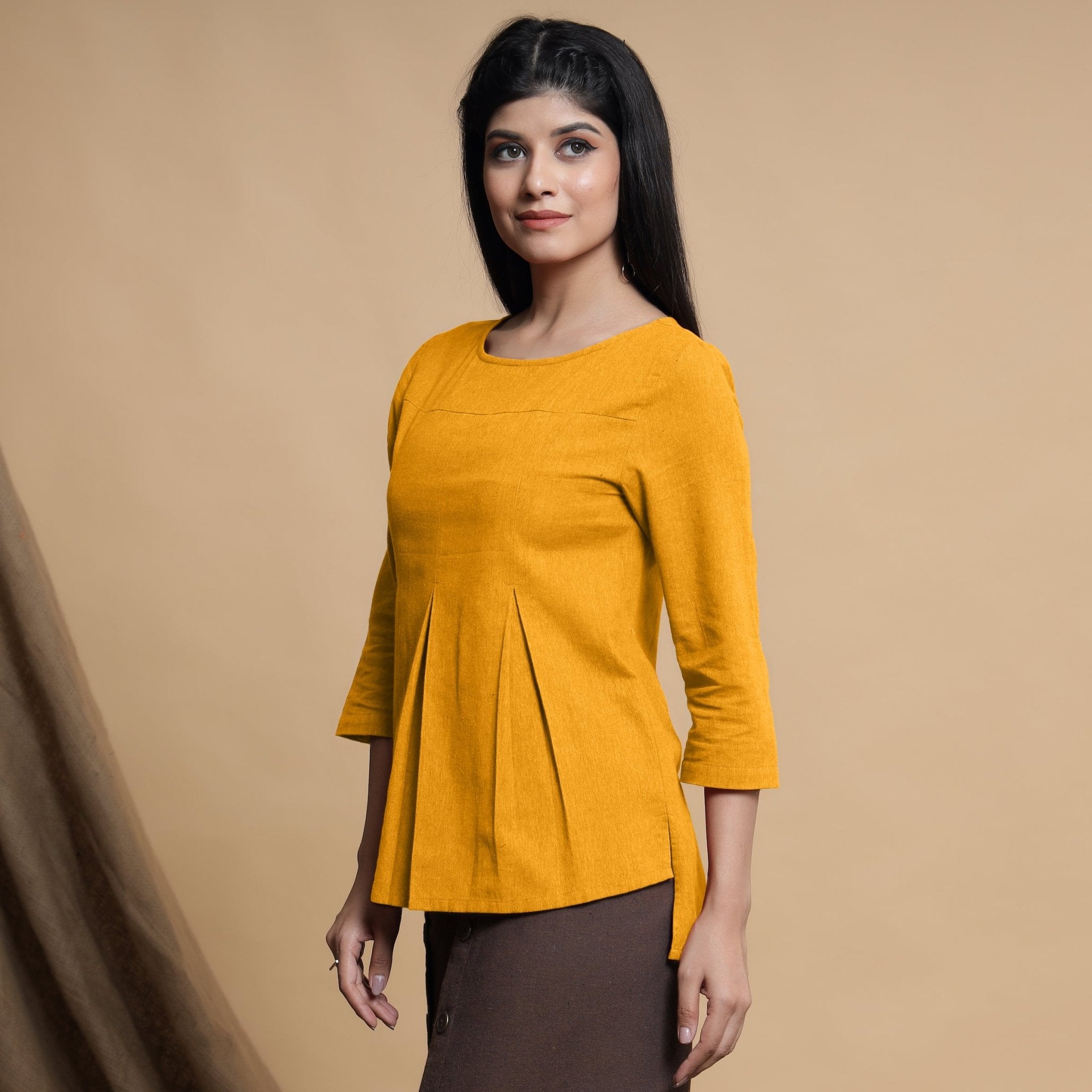Buy Yellow Cotton Flax Box-Pleated High Low Top Online at SeamsFriendly